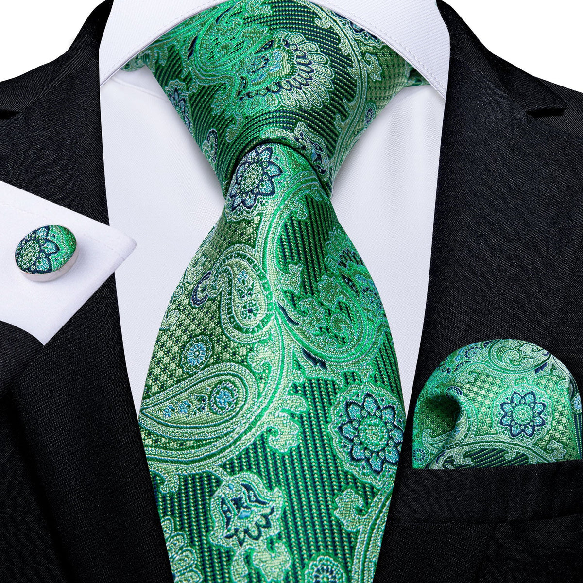 Black Silver Floral Jacquard V Neck Silk Vest Pocket Square Cufflinks ...
