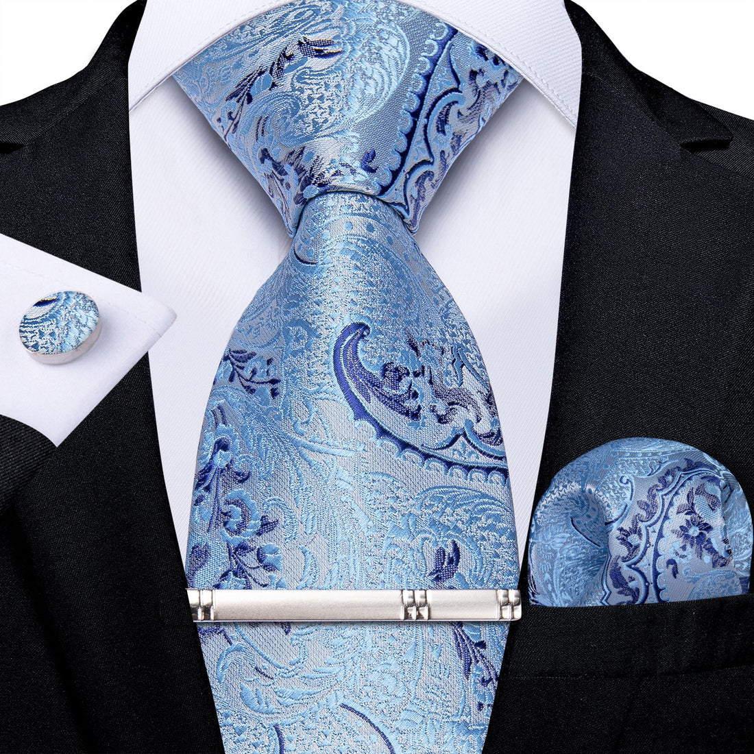 Black Silver Floral Jacquard V Neck Silk Vest Pocket Square Cufflinks ...