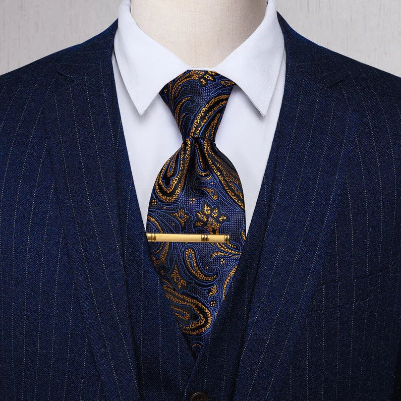 Dark Blue Golden Paisley Silk Single Necktie with Golden Clip – Modern ...