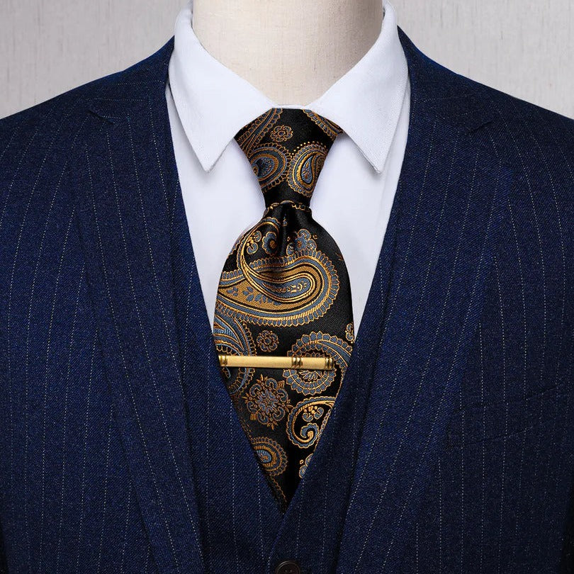 Luxury Black Golden Paisley Silk Single Necktie with Golden Clip ...