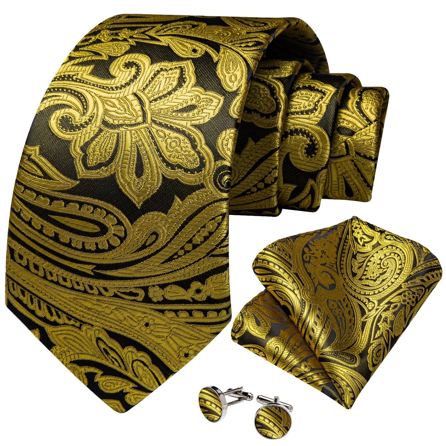 New Blue Golden Floral Silk Necktie Pocket Square Cufflinks Set ...