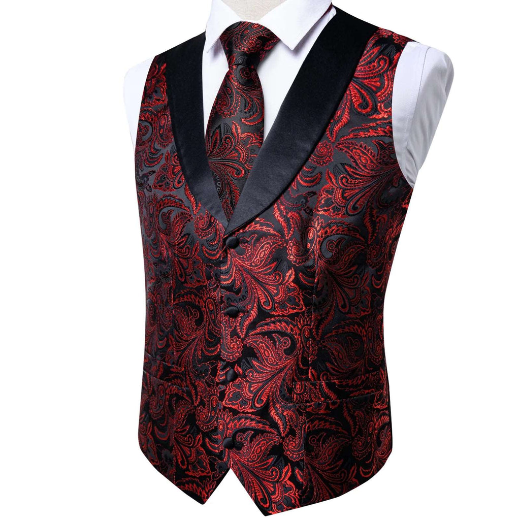 Black Red Floral Jacquard V Neck Silk Vest Pocket Square Cufflinks Tie ...