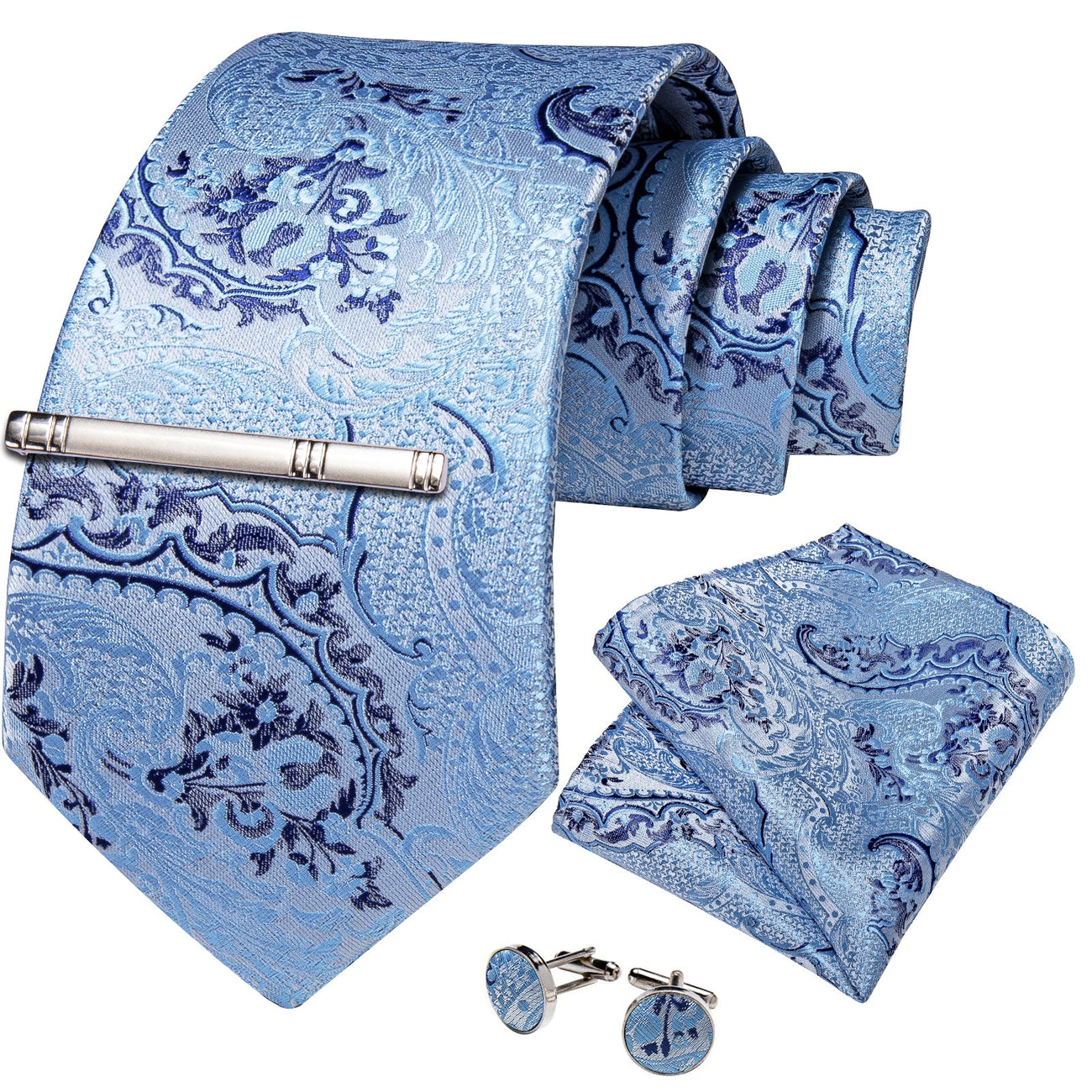 New Blue Golden Floral Silk Necktie Pocket Square Cufflinks Set ...