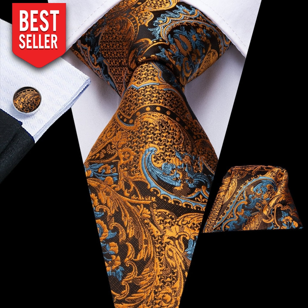 Gold Fashion Luxury Paisley Silk Necktie Pocket Square Cufflinks Set ...