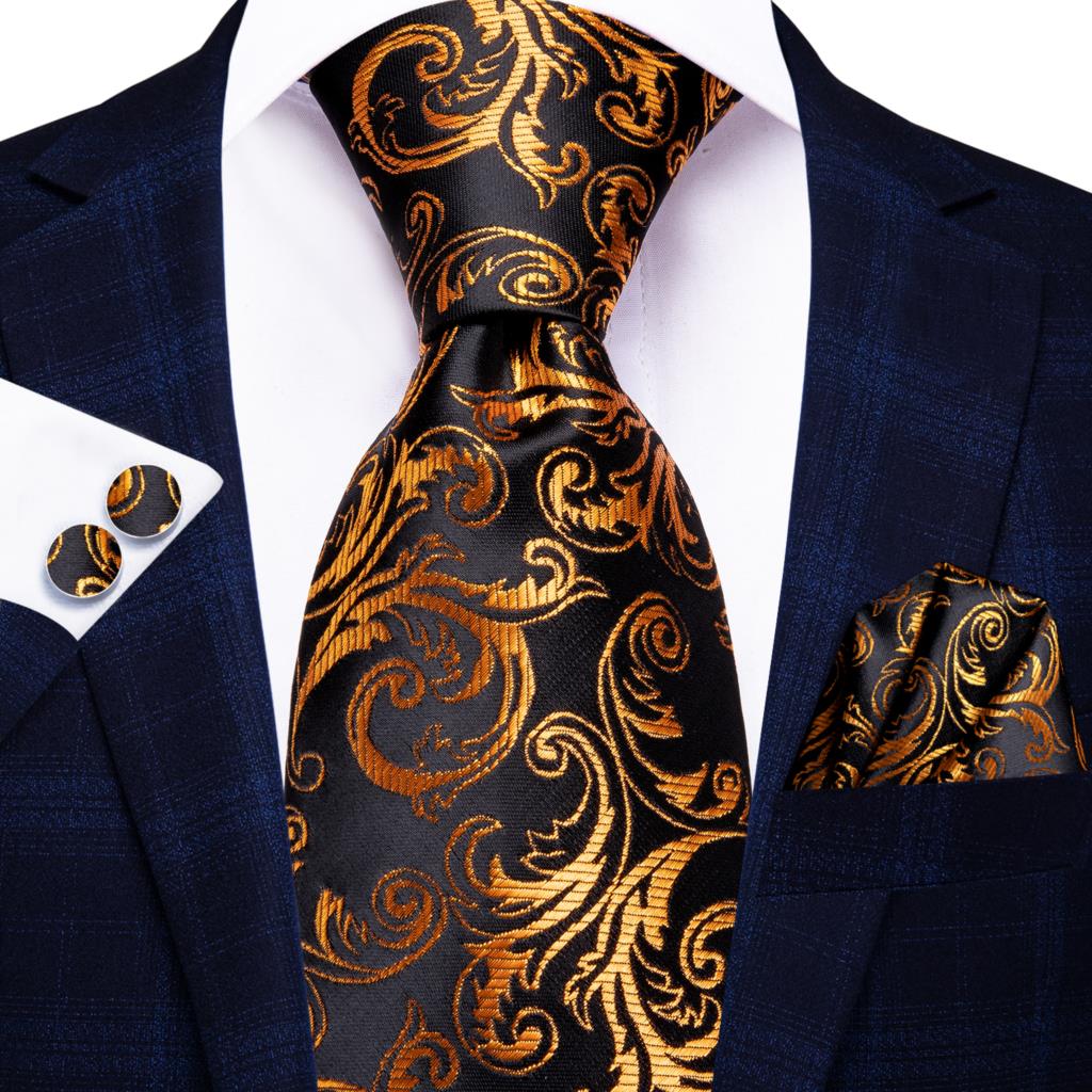 Black Gold Floral Silk Necktie Pocket Square Cufflinks Set – Modern Man ...
